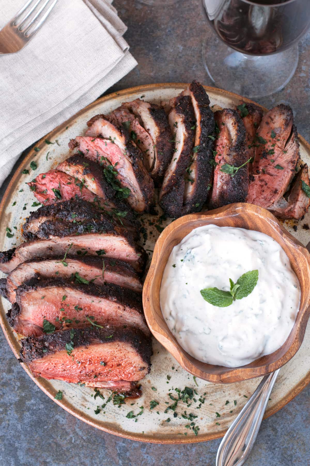 Ancho Chili Rubbed Leg of Lamb with Mint Yogurt Sauce | Cake 'n Knife