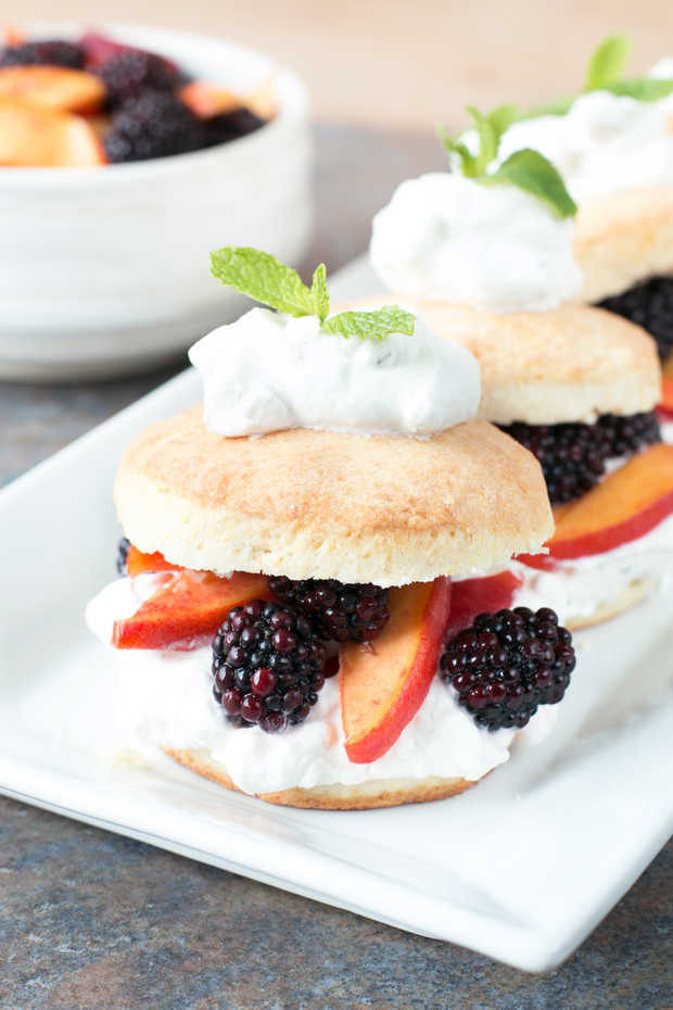 Blackberry Peach Shortcake Stacks with Mint Whipped Cream | Cake 'n Knife