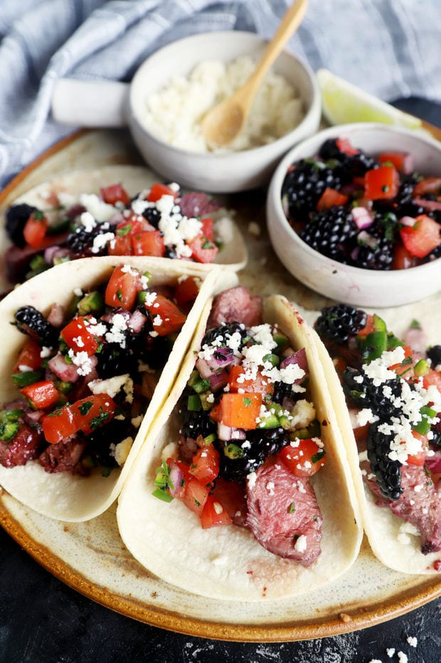 Grilled Blackberry Steak Tacos with Blackberry Salsa | Cake 'n Knife