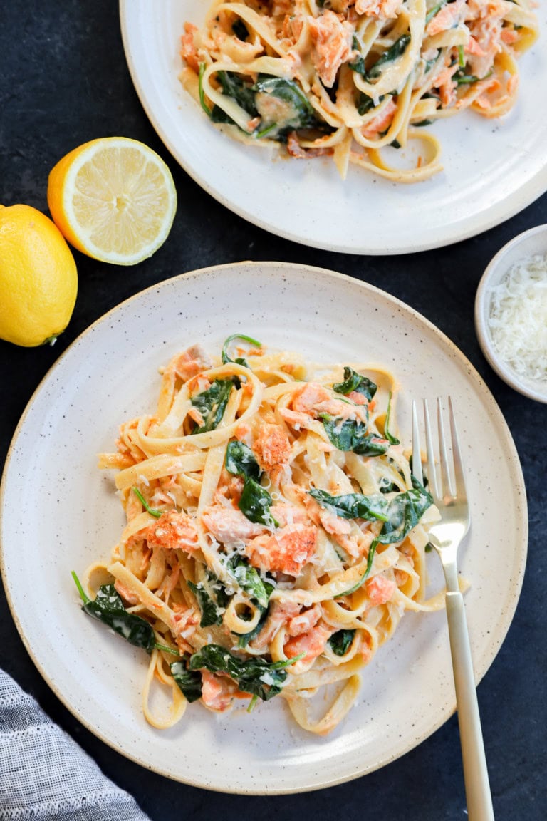 The Easiest Creamy Lemon Salmon Pasta Recipe (with Greens!) | Cake 'n Knife