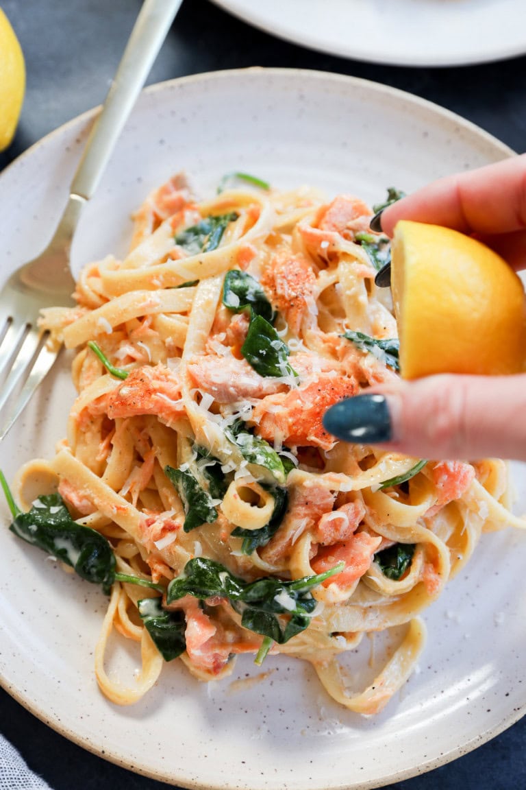 The Easiest Creamy Lemon Salmon Pasta Recipe (with Greens!) | Cake 'n Knife