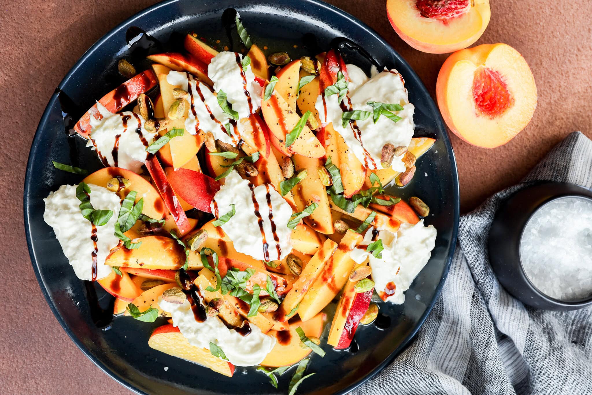 Peach Burrata Salad with Hot Honey Balsamic Dressing | Cake 'n Knife